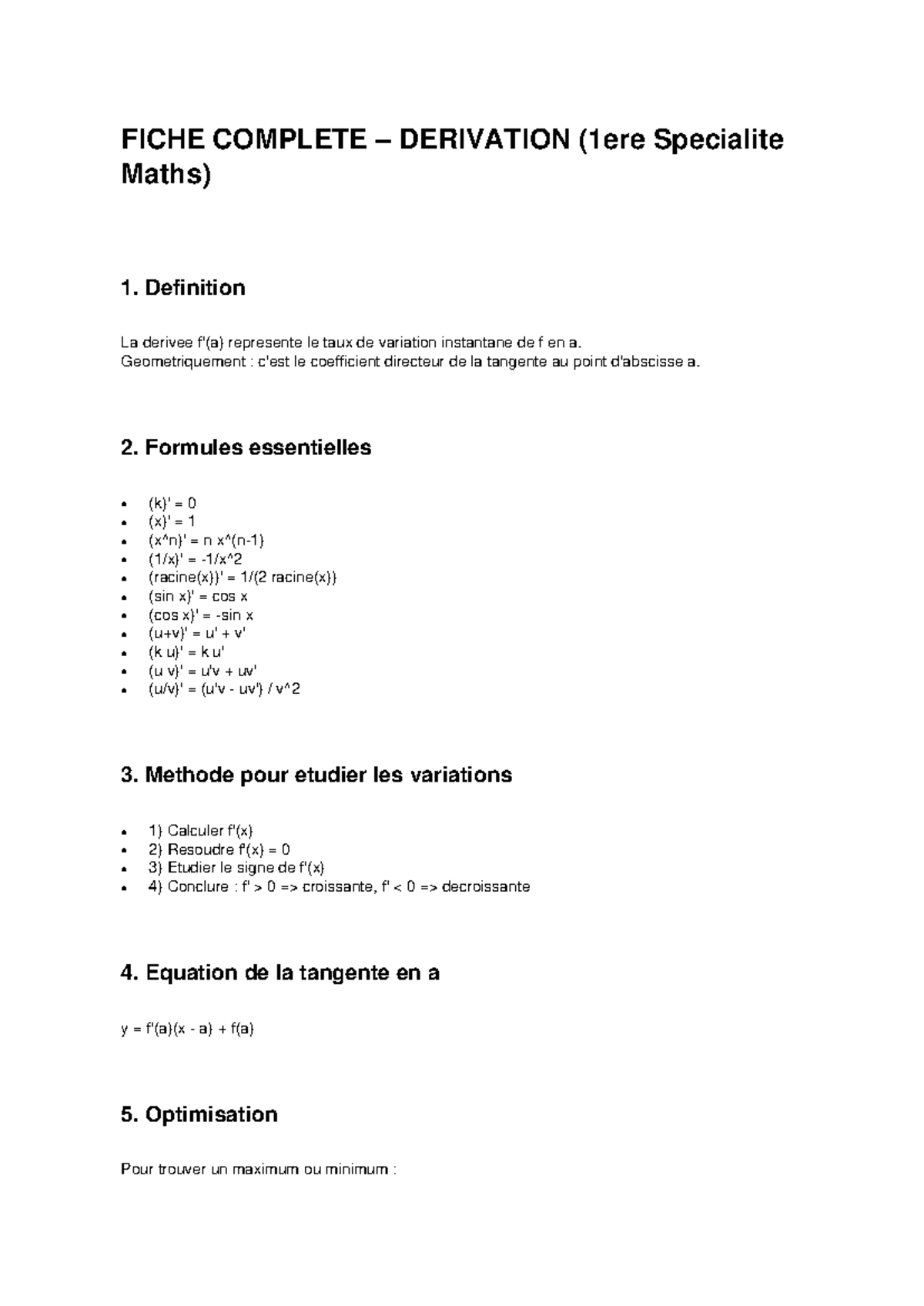 FICHE COMPLETE DERIVATION (1ere Spécialité Maths) - Studocu