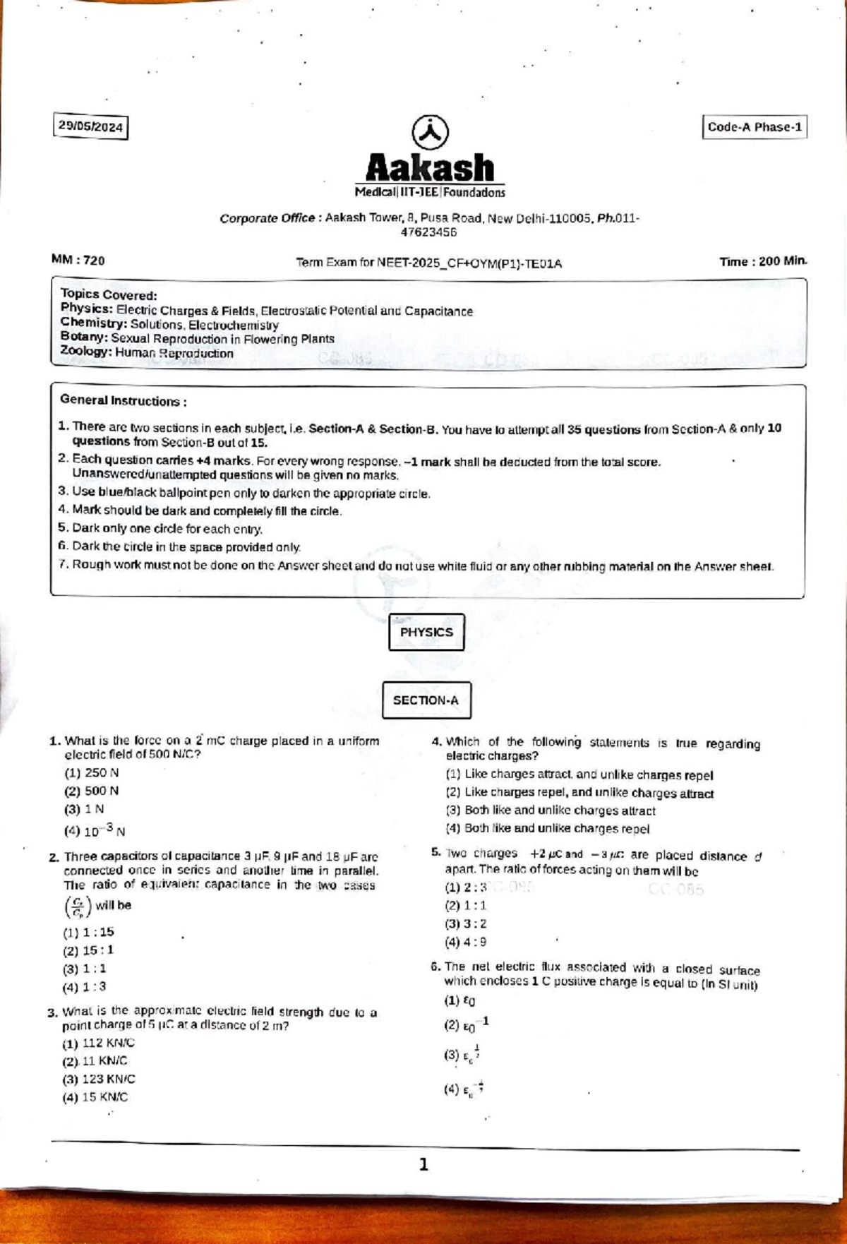 Aakash Medical Foundations MM: 720 Term Exam - Physics, Chemistry, Botany - Studocu