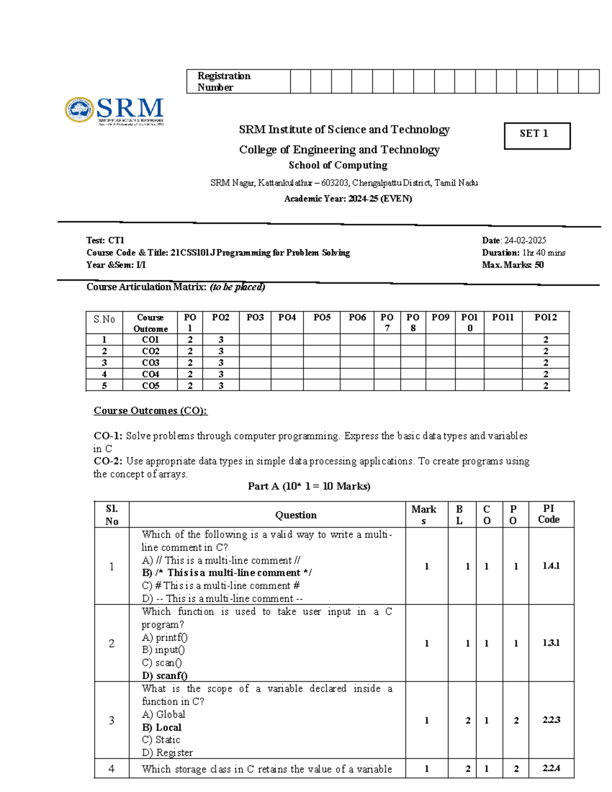21CSS101J Programming for Problem Solving CT1 Exam Questions and ...