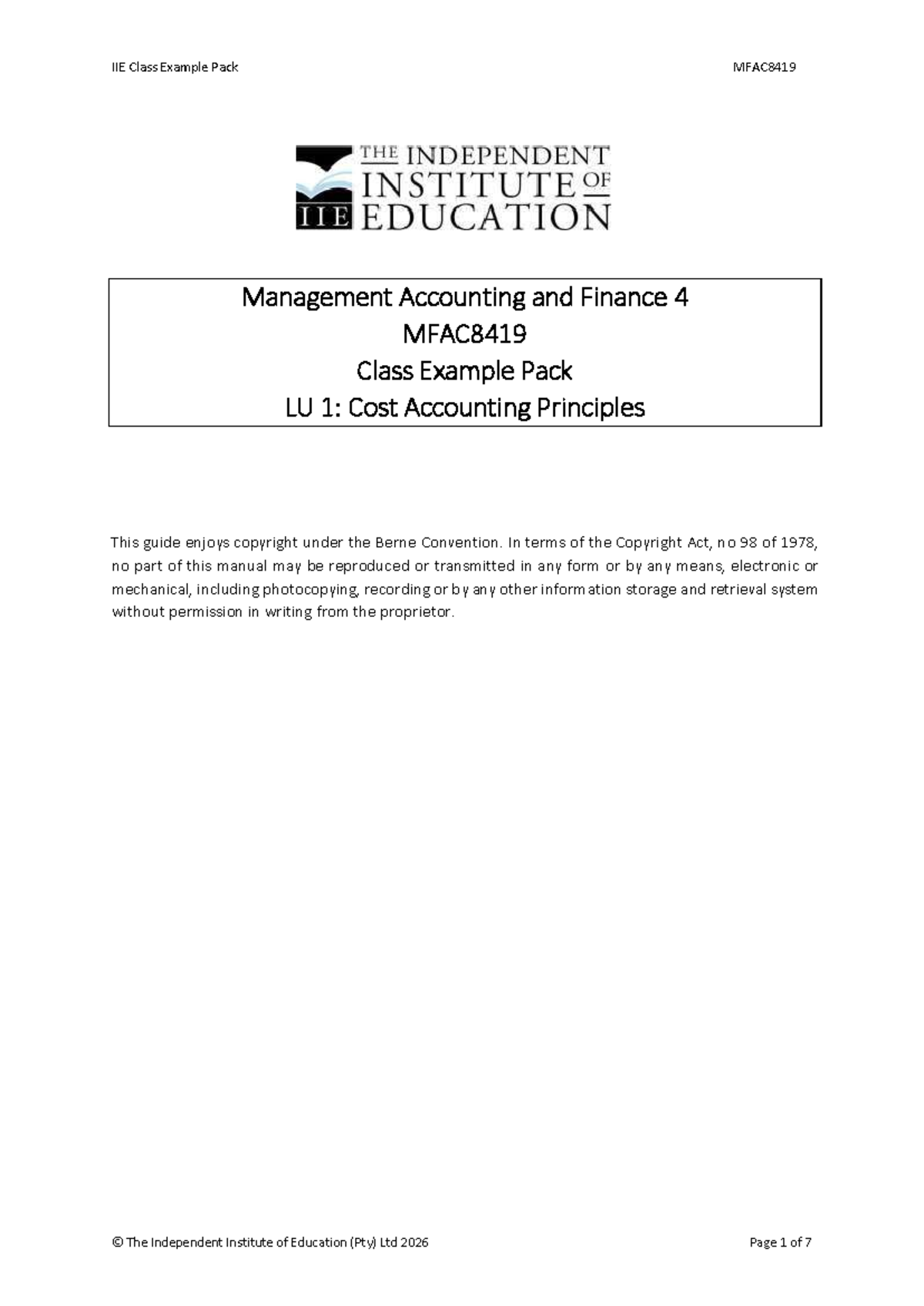 MFAC8419 Class Example Pack: Cost Accounting Principles & Applications ...