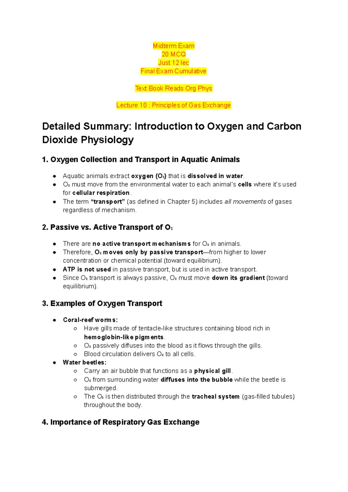 Midterm Exam 20 MCQ & Final Exam Summary: Gas Exchange Principles in ...