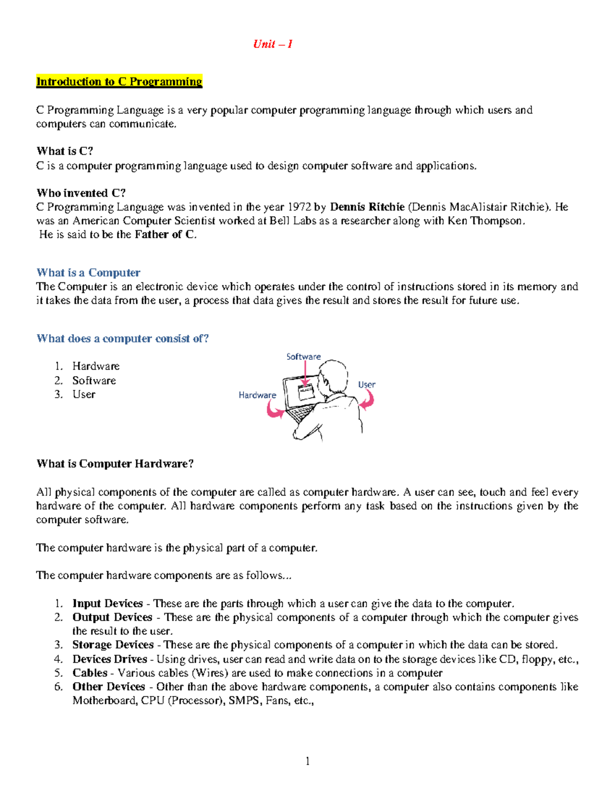 C Programming Insights - UNIT 1 CP ECE R22 Notes on Basics and ...