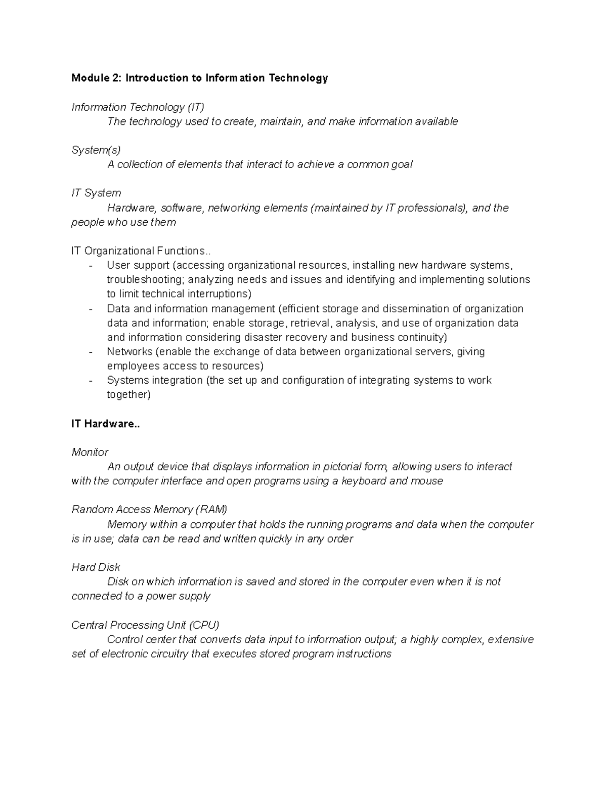 C182 Intro To It Notes From Course Reading Includes Vocabulary