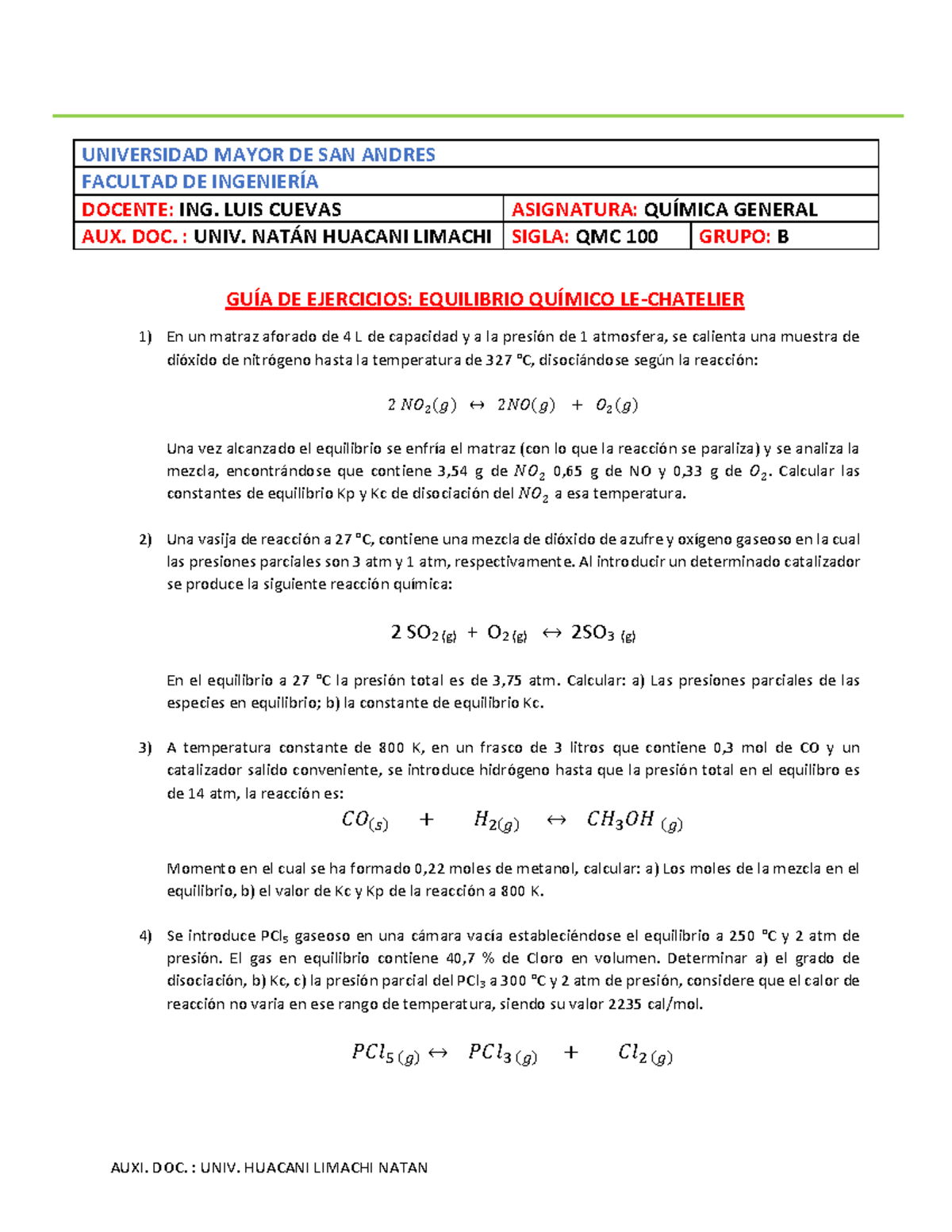 Guía de ejercicios de equilibrio químico - QMC 100 - Studocu