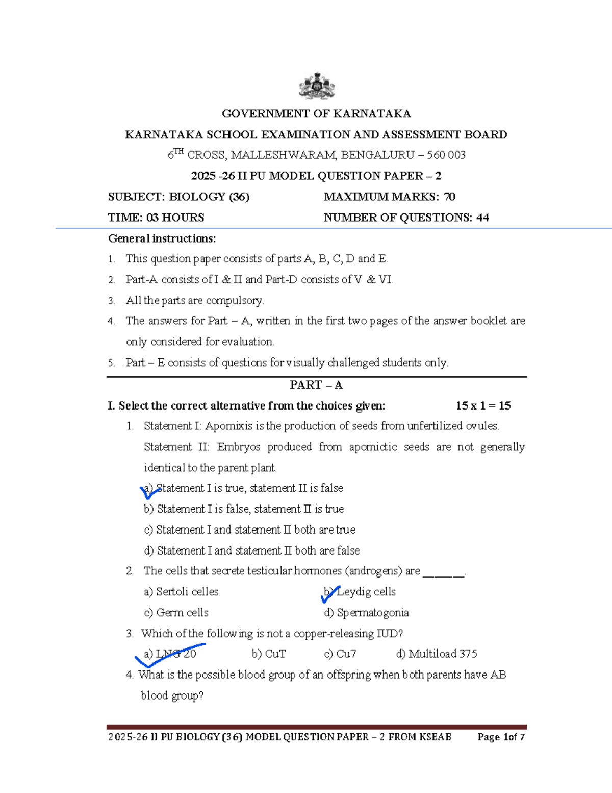 II PU BIOLOGY (36) MODEL QUESTION PAPER 2 - 2025-26 - Studocu