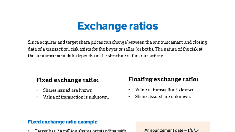 Exchange Ratios in M&A Transactions: Fixed vs. Floating Analysis - Studocu