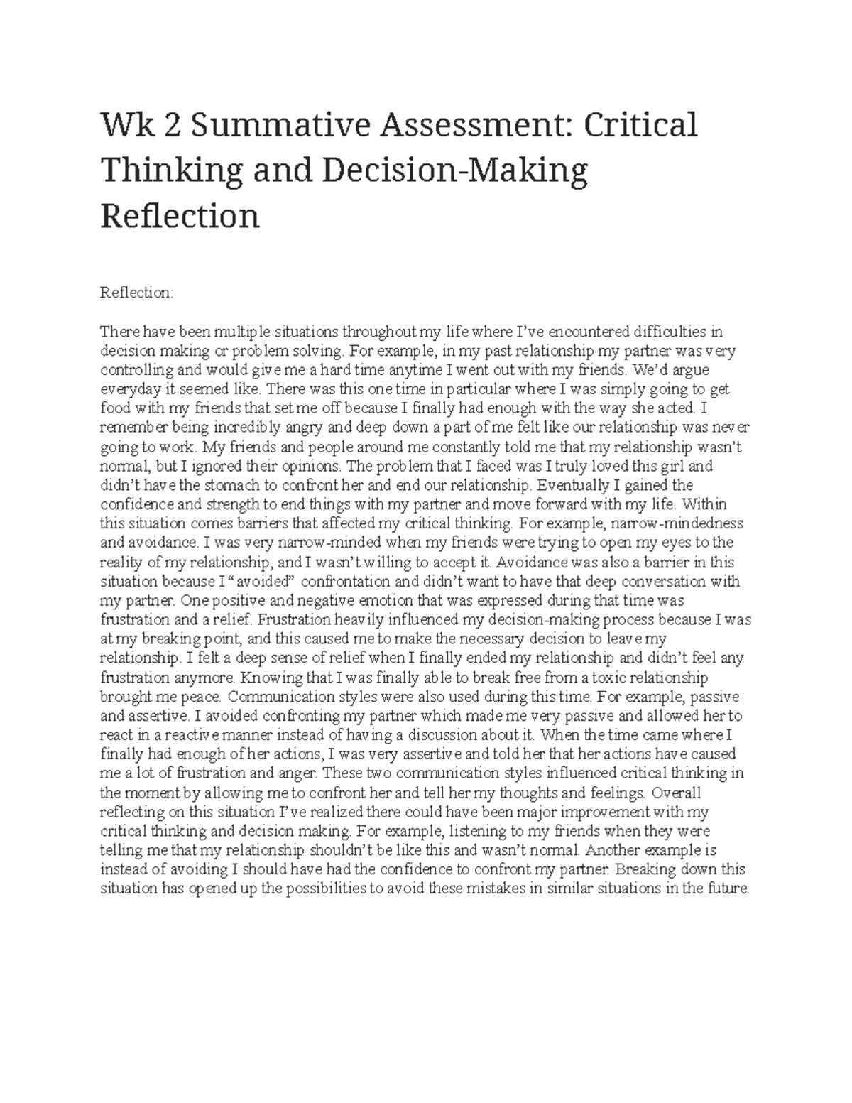 Wk 2 Sum. Assessment: Reflection on Critical Thinking & Decisions - Studocu