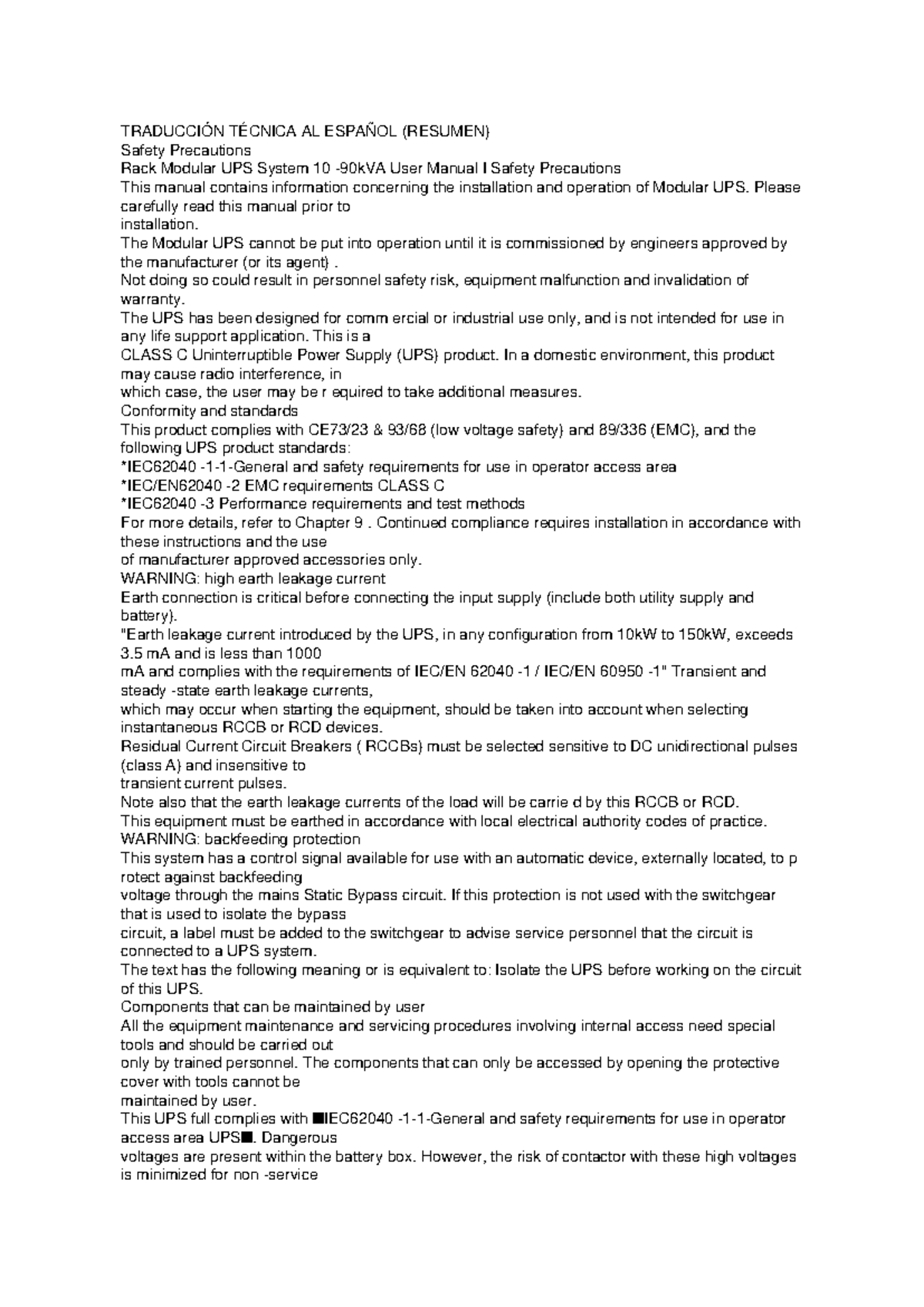 Manual de Seguridad para UPS Modular MS10-60KVA y MS15-90KVA - Studocu