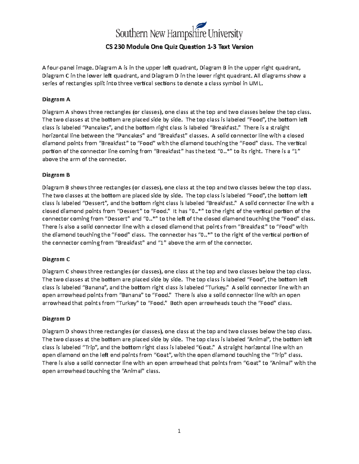 CS 230 Module One Quiz UML Diagrams Text Version - Studocu