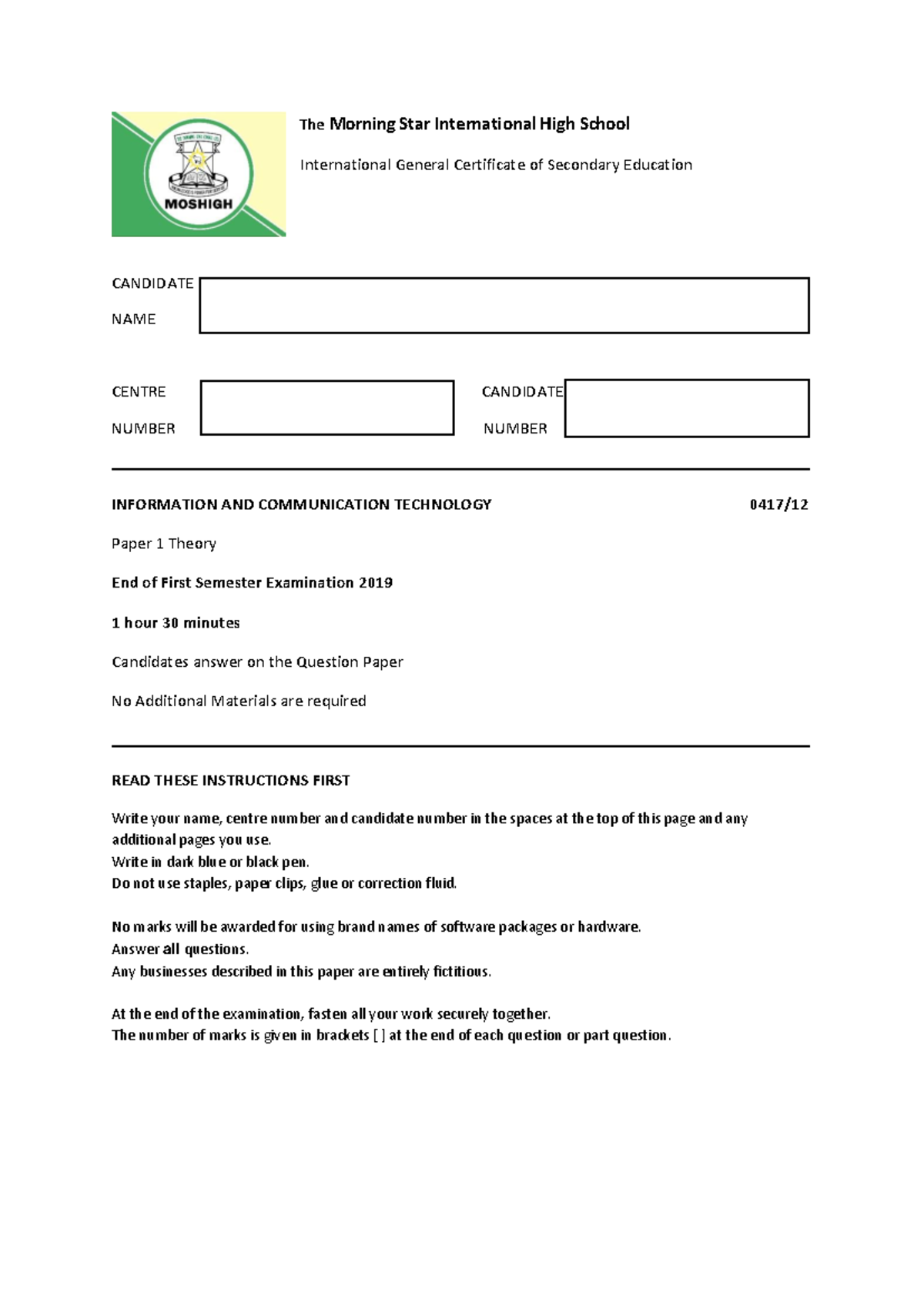IG1 - Exam Paper 1 - ICT Theory Questions and Instructions - Studocu