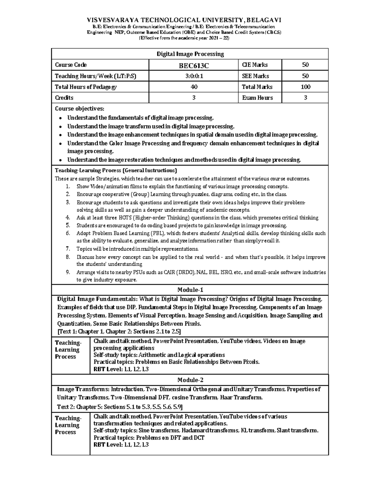 DIP Syllabus BEC613C: Digital Image Processing Course Overview - Studocu