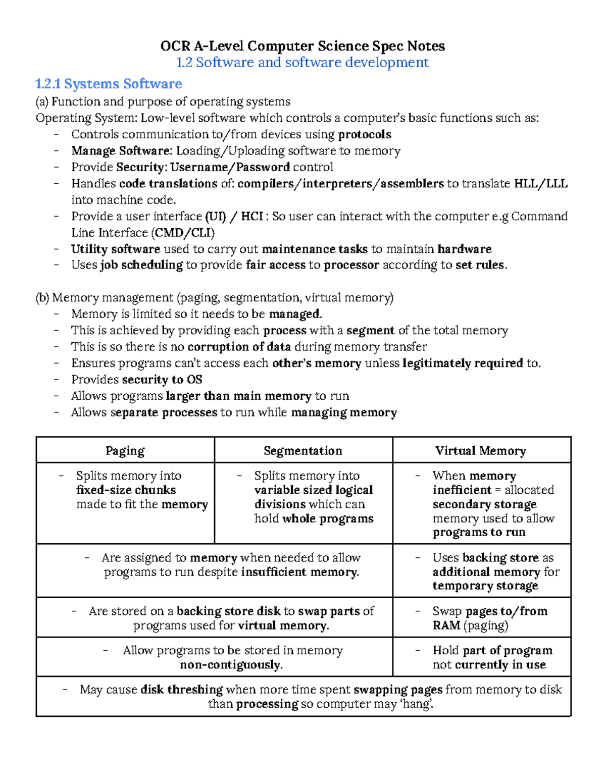 OCR A-Level Computer Science Spec Notes: Software & Development ...