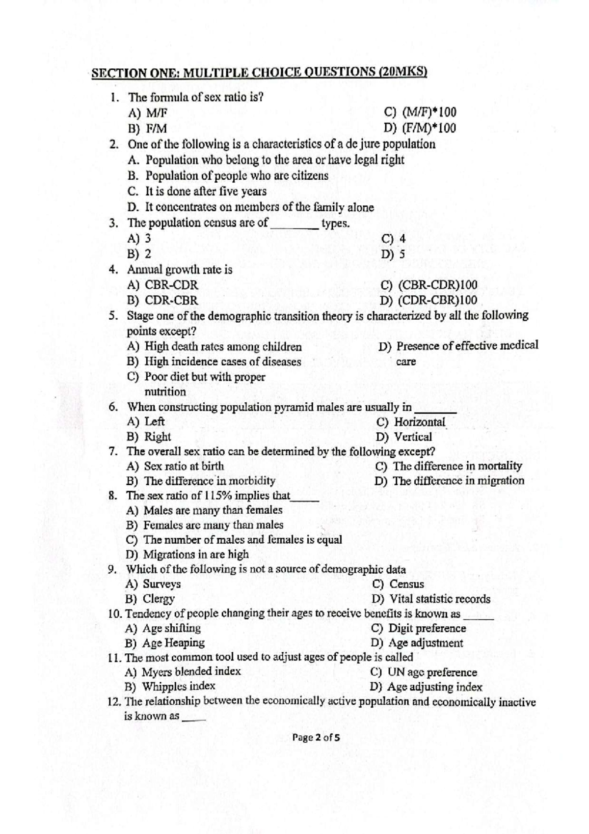 Demography II EOSE I - Multiple Choice & Short Answer Questions - Studocu