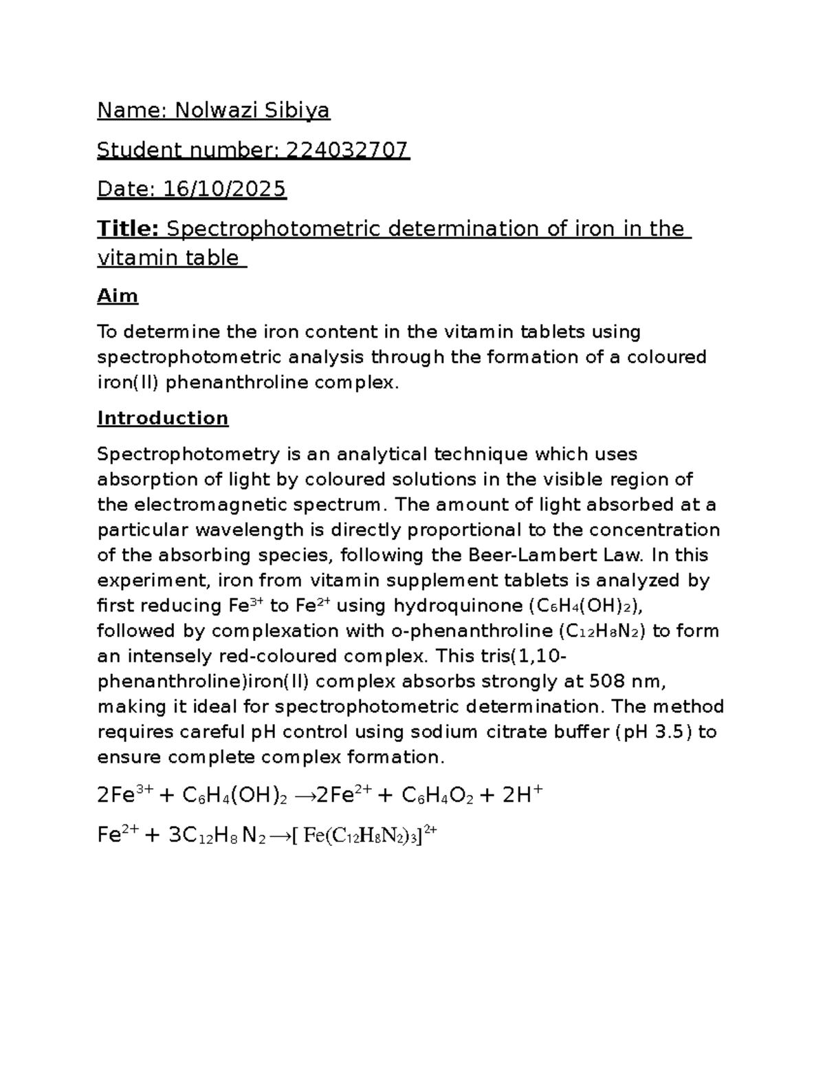 CTEC Practical 9 Report: Spectrophotometric Analysis of Iron in ...