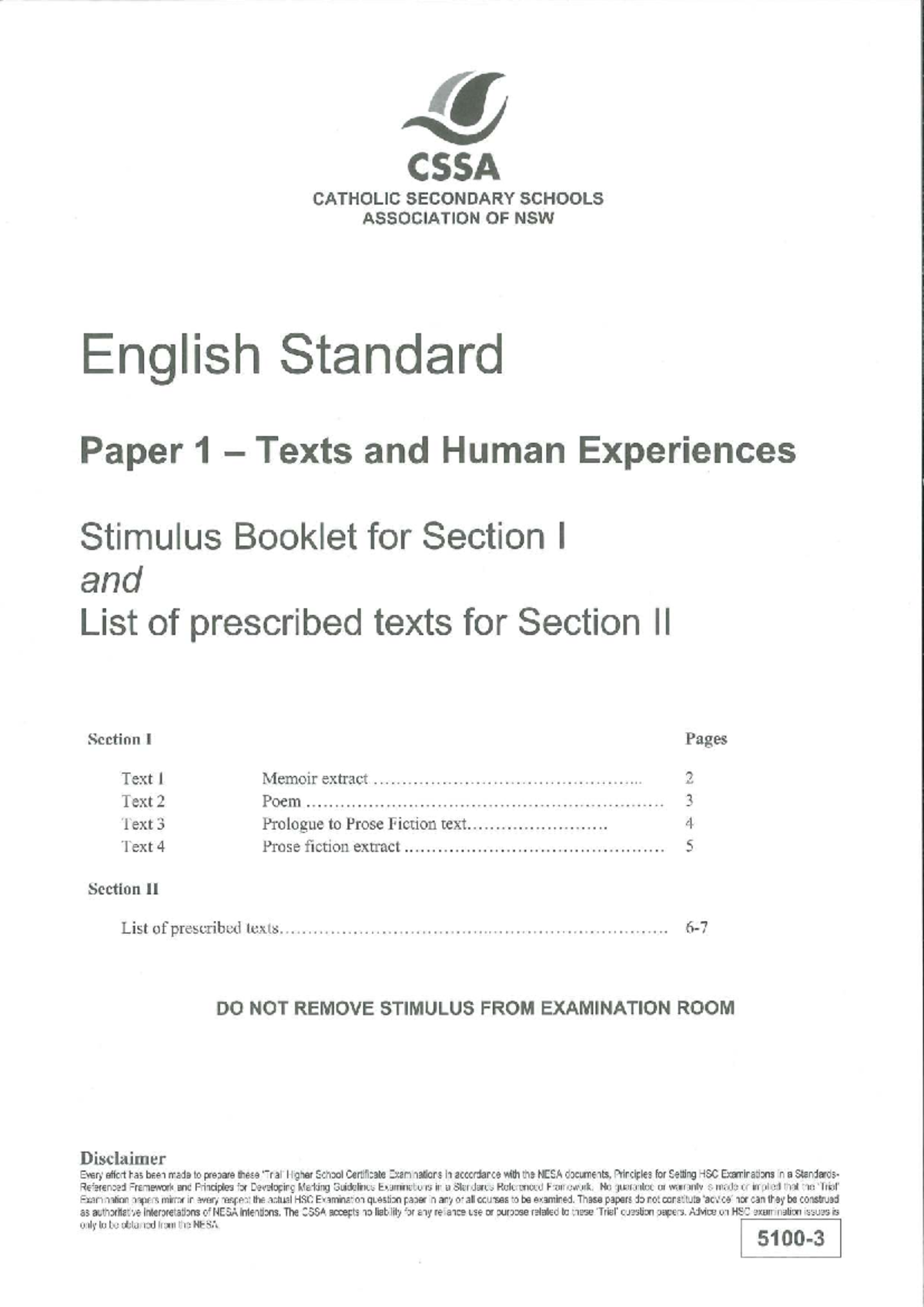 2020 CSSA Trial HSC English Standard Paper 1 Stimulus Booklet - Studocu