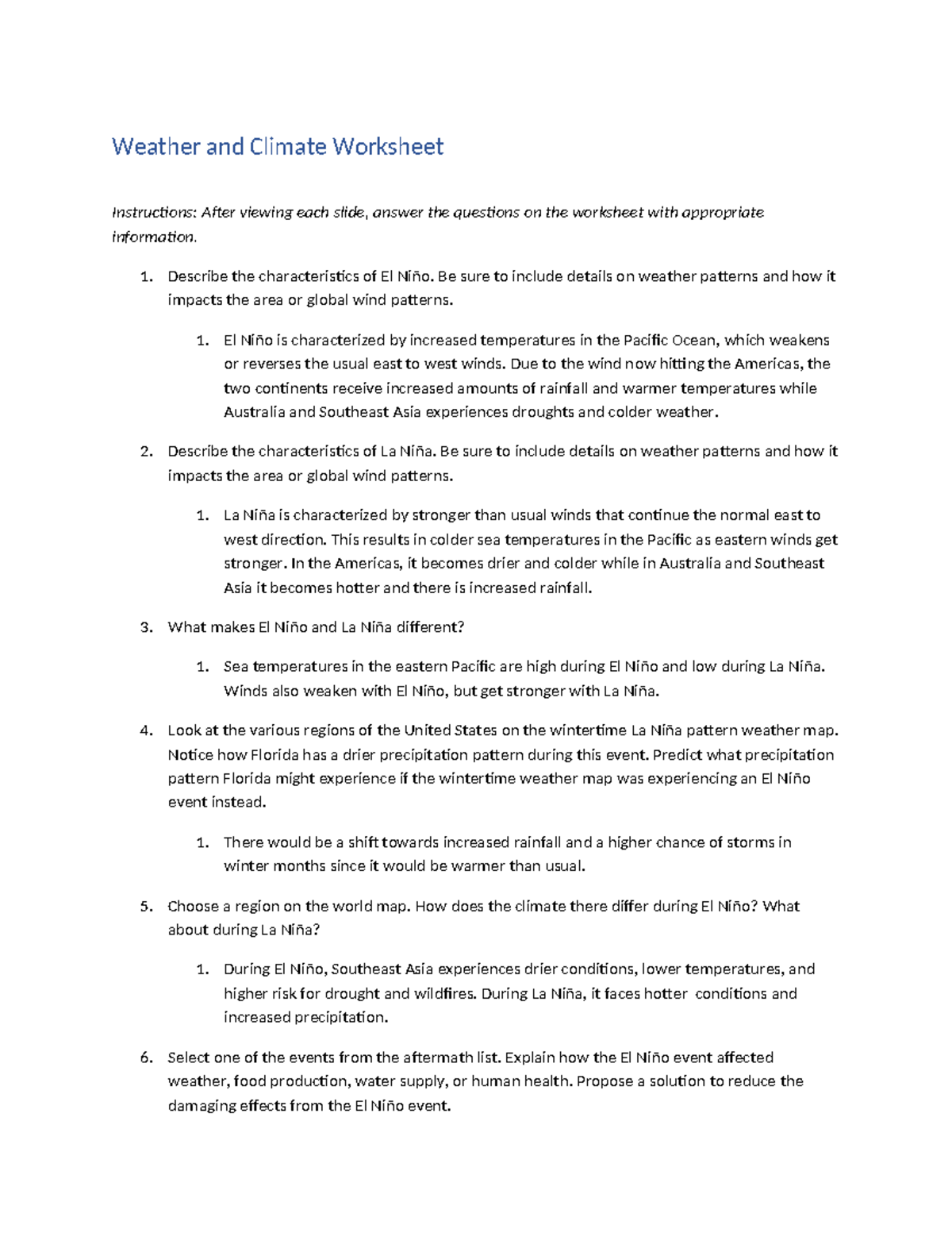 Weather and Climate Worksheet: El Niño & La Niña Analysis - Studocu