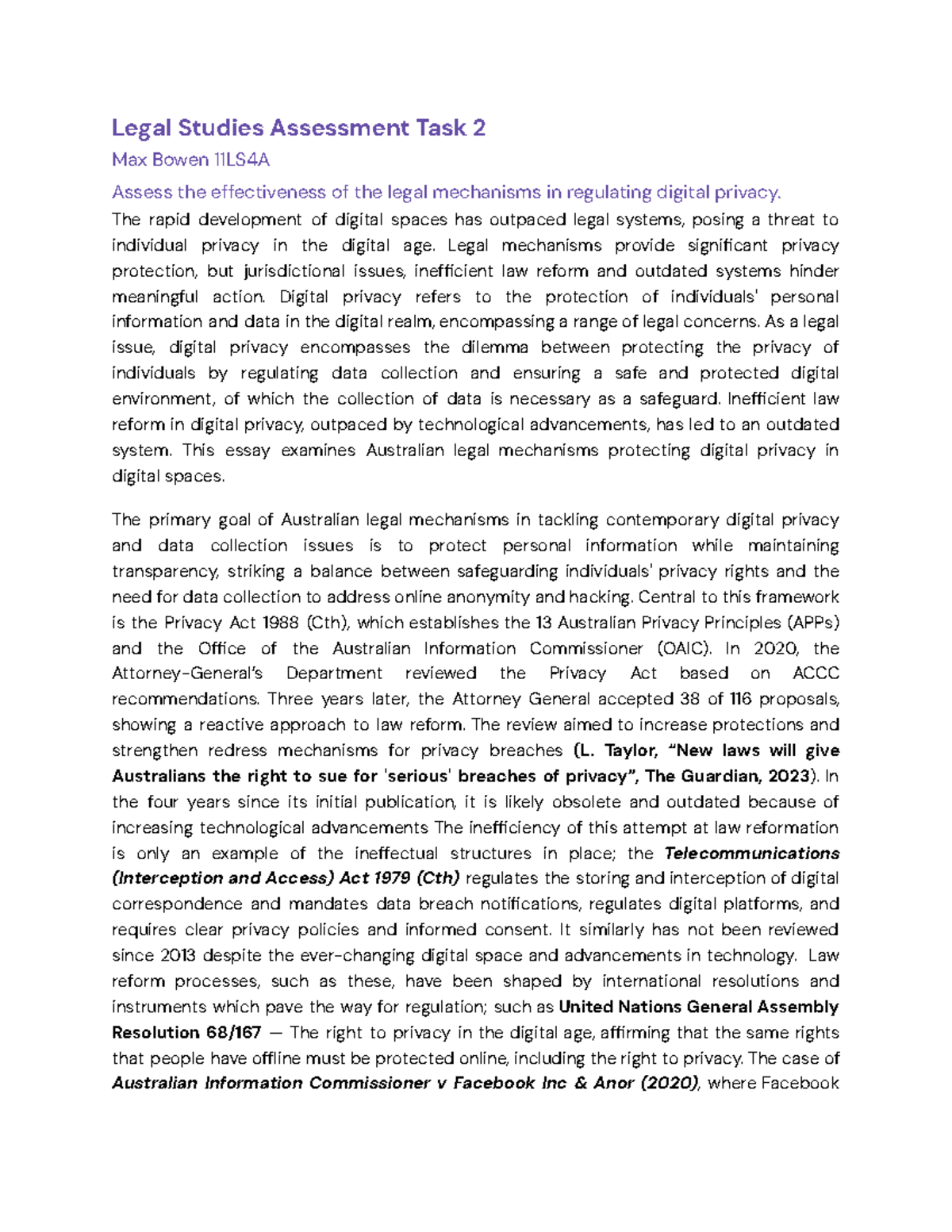 Yr 11 Legal Studies - Digital Privacy Assessment - Legal Studies ...