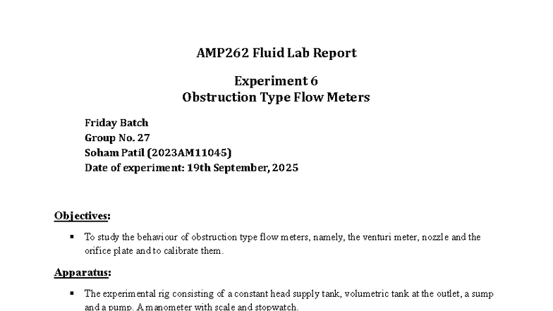 AMP262 Fluid Lab Report: Obstruction Type Flow Meters Analysis - Studocu