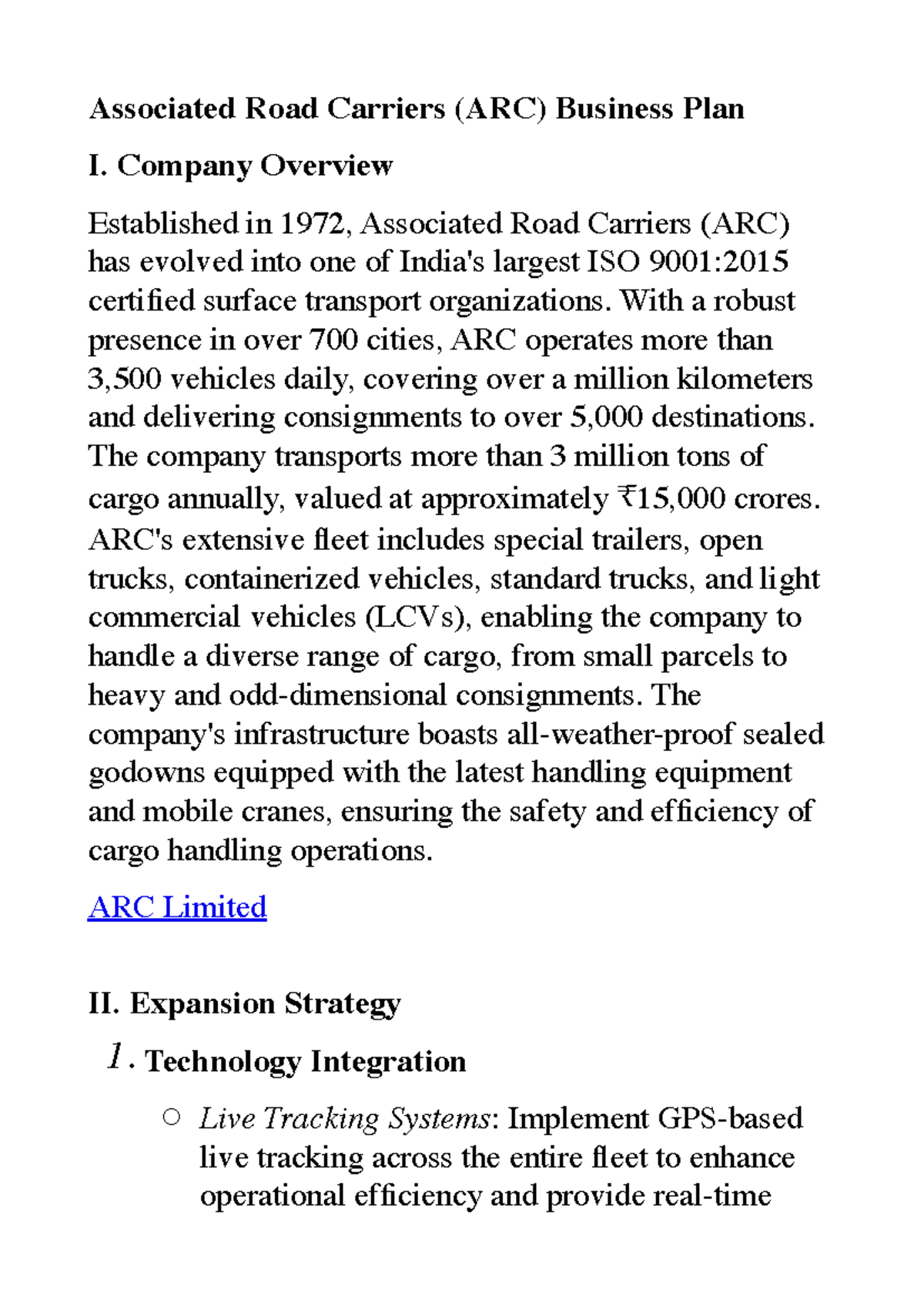 ARC Business Plan: Strategic Growth and Innovation for Market ...