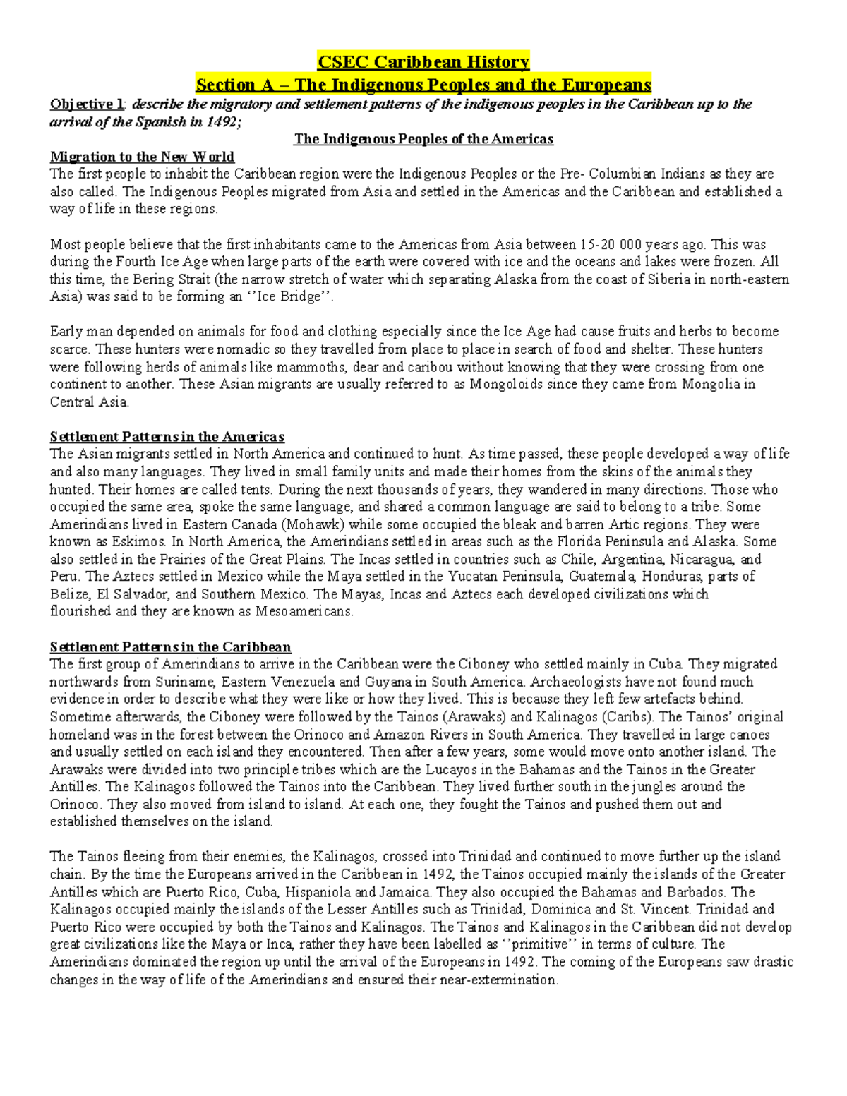 CSEC Caribbean History: The Indigenous Peoples & European Contact - Studocu