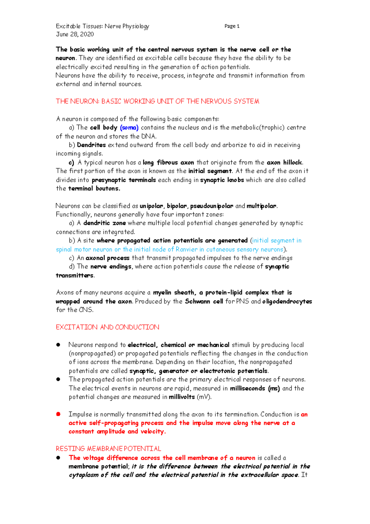 Excitable Tissues: Nerve Physiology Overview and Key Concepts - Studocu