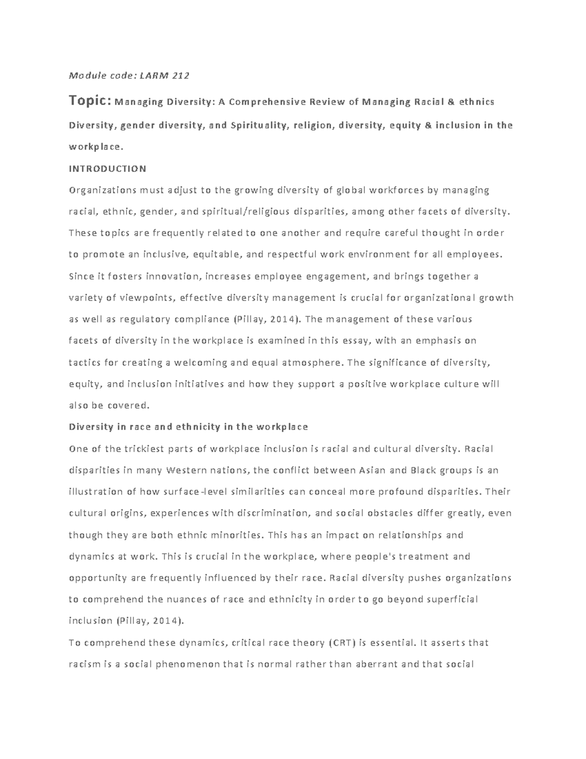 LARM 212 - Managing Diversity: Racial, Gender, and Religious ...