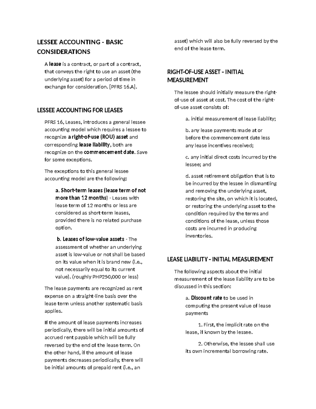 Lessee Accounting Guide: PFRS 16 Key Considerations and Models - Studocu