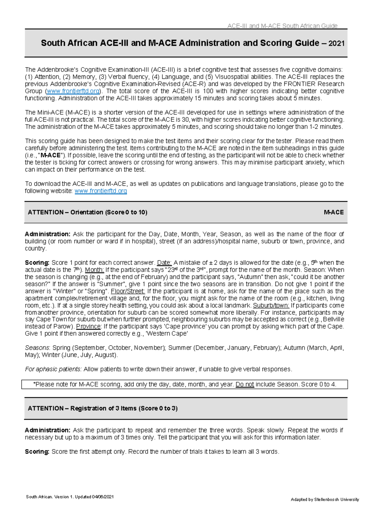 South African ACE-III & M-ACE Scoring Guide 2021 - Studocu