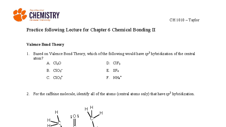 CH 1010 Final Exam Practice for Lecture on Chapter 6: Chemical Bonding ...