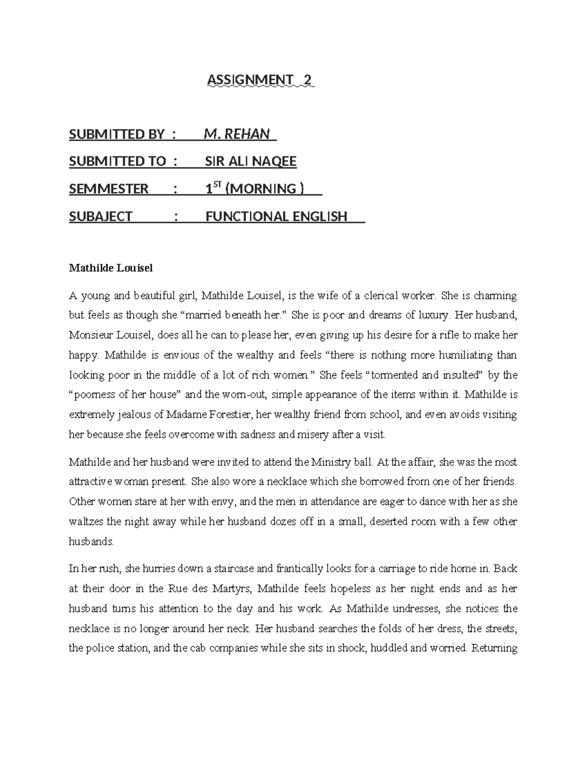 ENGL 101: Assignment on Mathilde Louisel's Character Analysis - Studocu