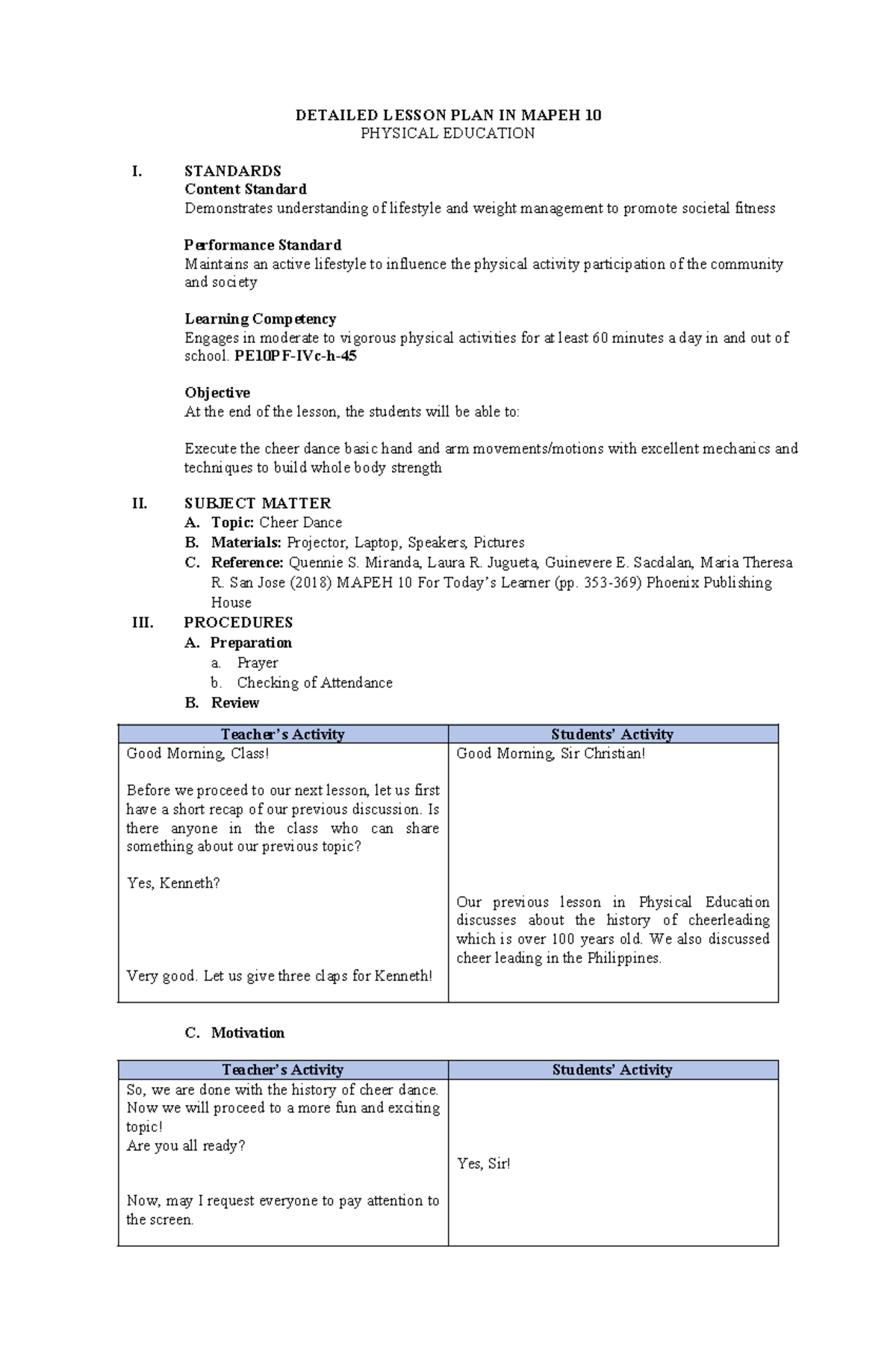 Detailed Lesson Plan on Cheer Dance for MAPEH 10 Students - Studocu