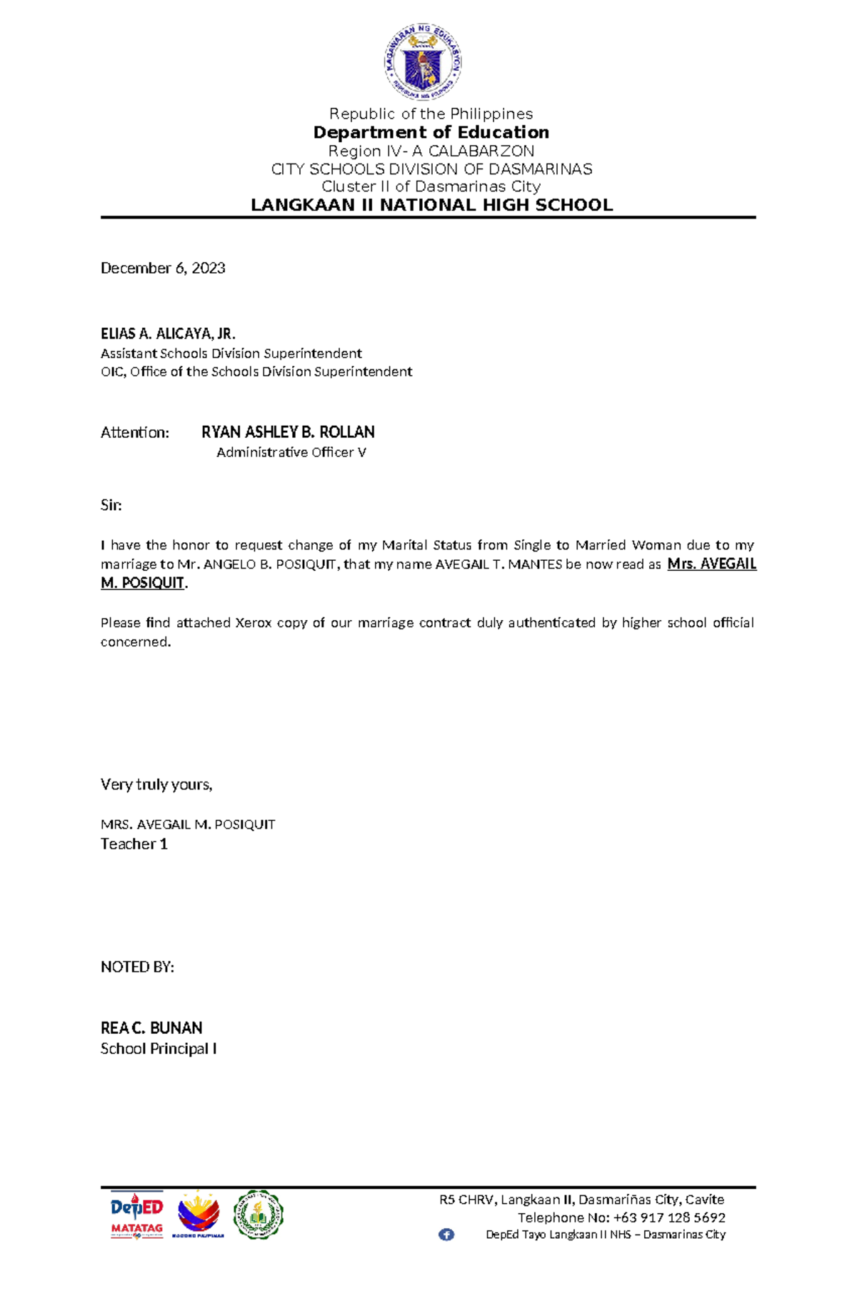 Letter template - Republic of the Philippines Department of Education ...