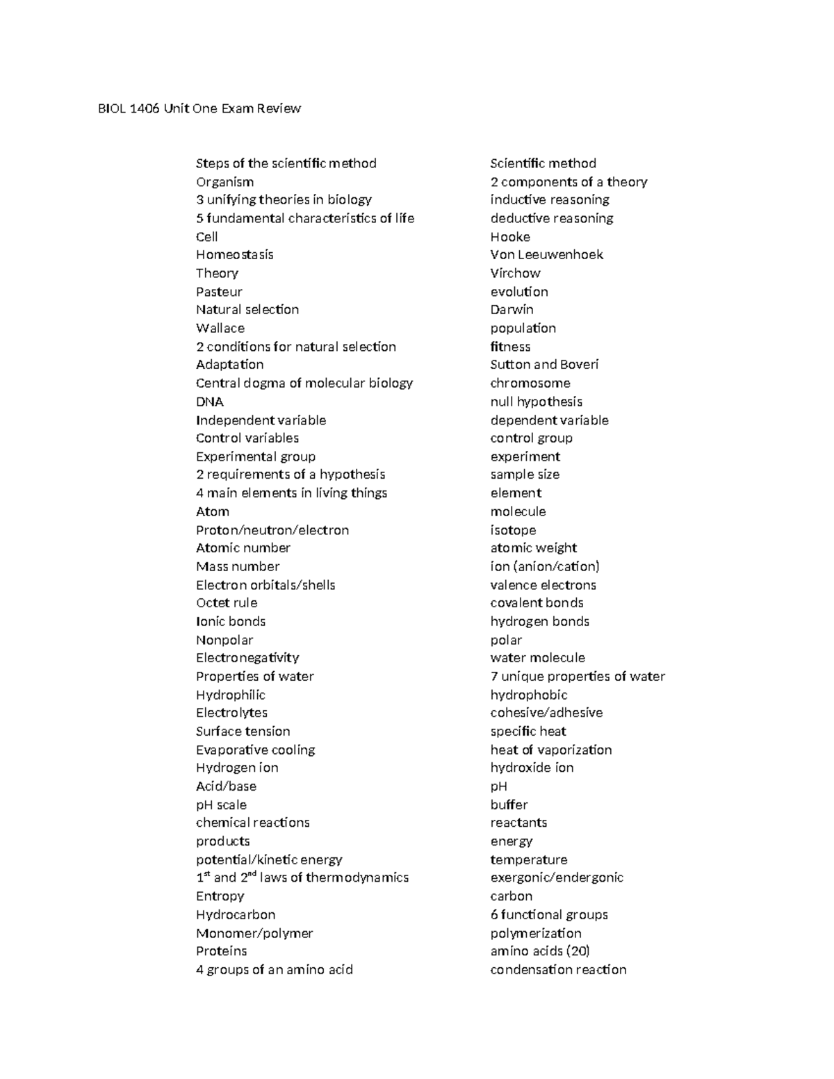 BIOL 1406 Unit 1 Exam Review: Scientific Method & Key Concepts - Studocu