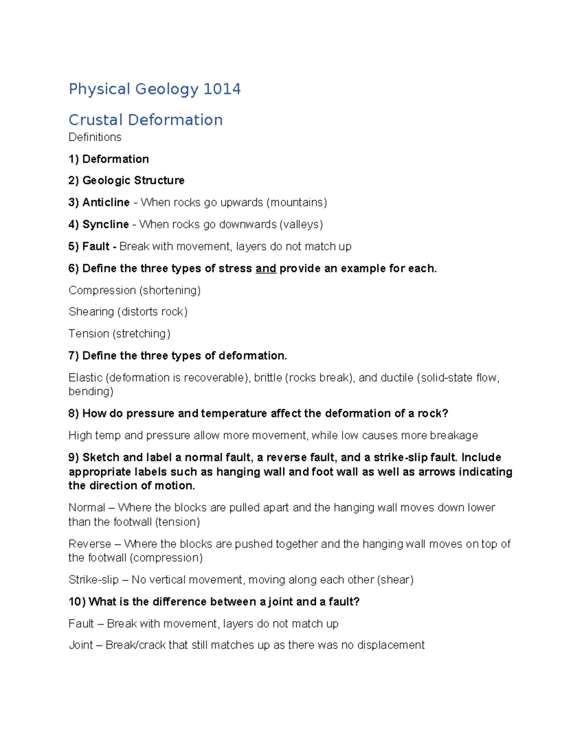 Physical Geology 1014: Crustal Deformation Overview and Key Concepts ...