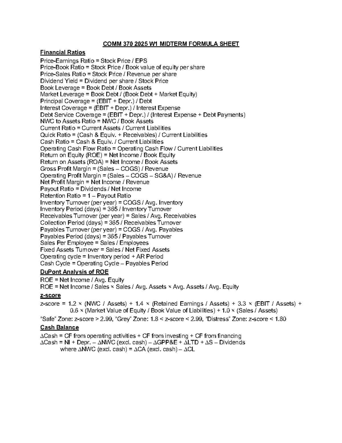 COMM 370 2025 W1 MIDTERM FORMULA SHEET: Financial Ratios Guide - Studocu