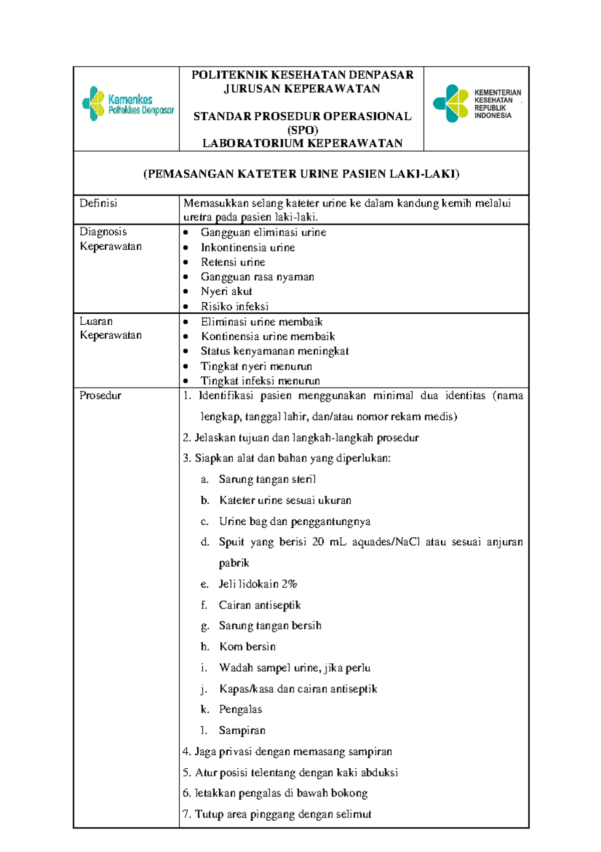 SOP Pemasangan Kateter Urine Pasien Laki-laki - Keperawatan Kesehatan ...