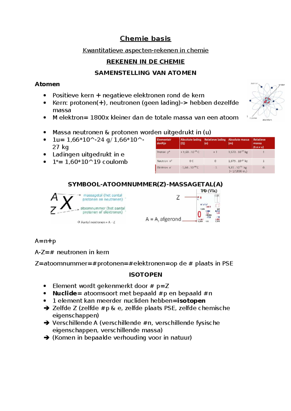 Chemie Basis Samenvatting Deeltest: Kwantitatieve Aspecten en Atomen ...