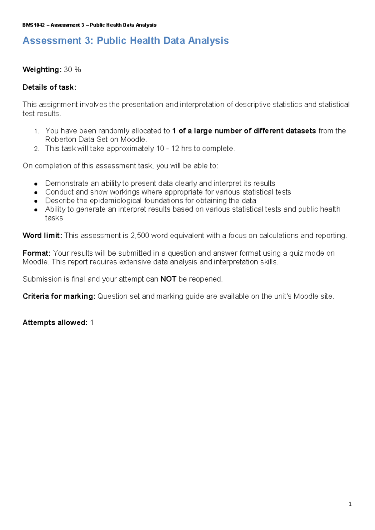 BMS1042 - Assessment 3 - Public Health Data Analysis Instructions 2024 ...