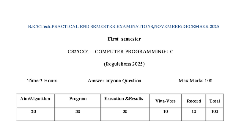 CS25CO1 End Semester Lab Questions: C Programming 2025 - Studocu