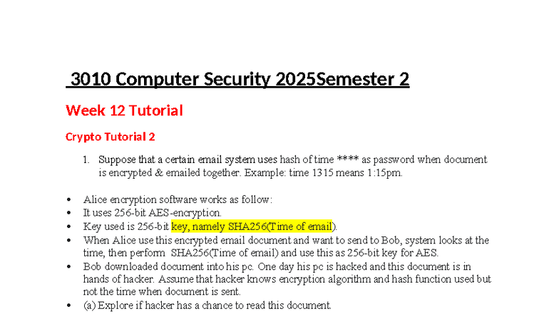 3010 Computer Security Semester 2 Week 12 Tutorial Solutions - Studocu
