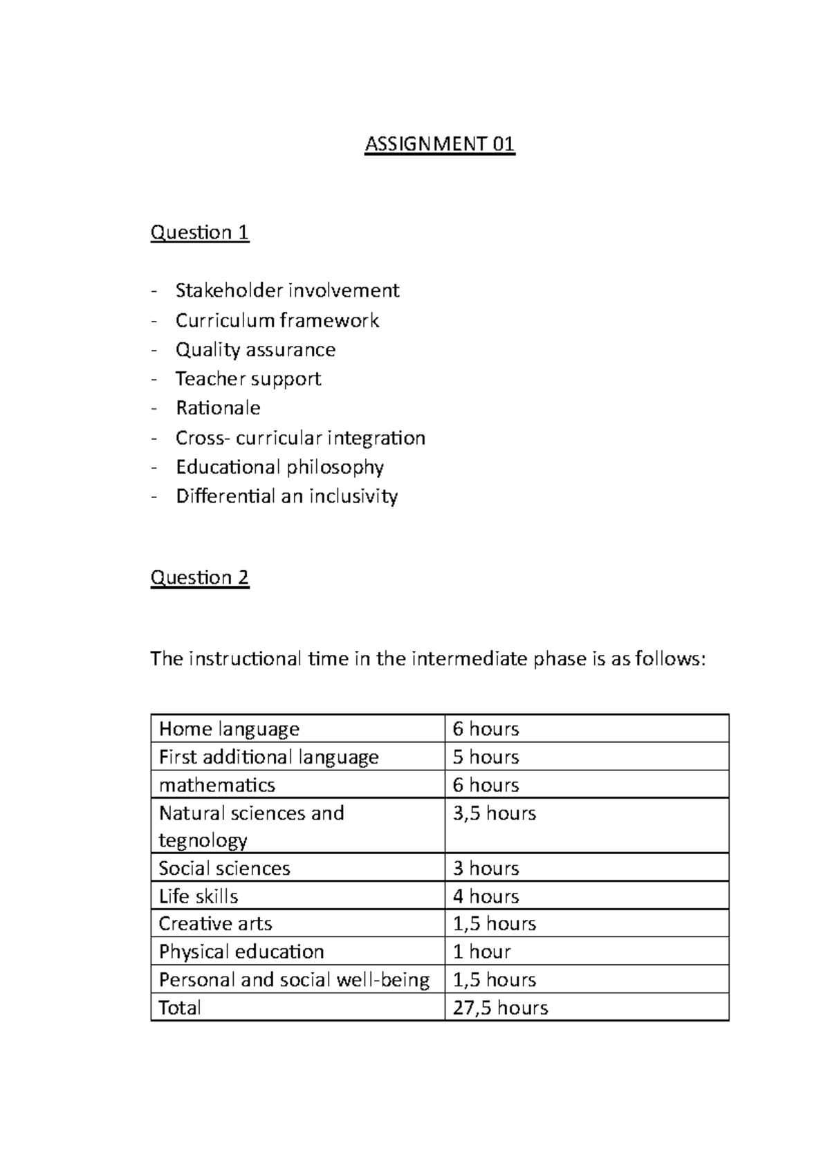 TPN2601 assignment 01 - ASSIGNMENT 01 Ques on 1 Stakeholder involvement Curriculum framework ...