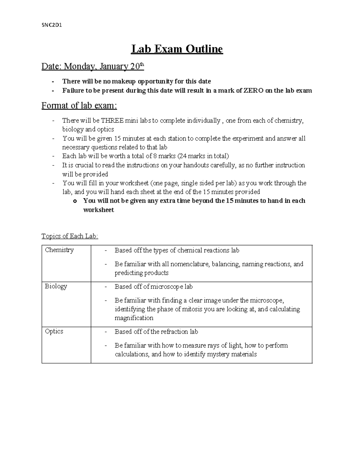 SNC2D1 - Lab Exam Outline: Key Details & Format for Success - Studocu