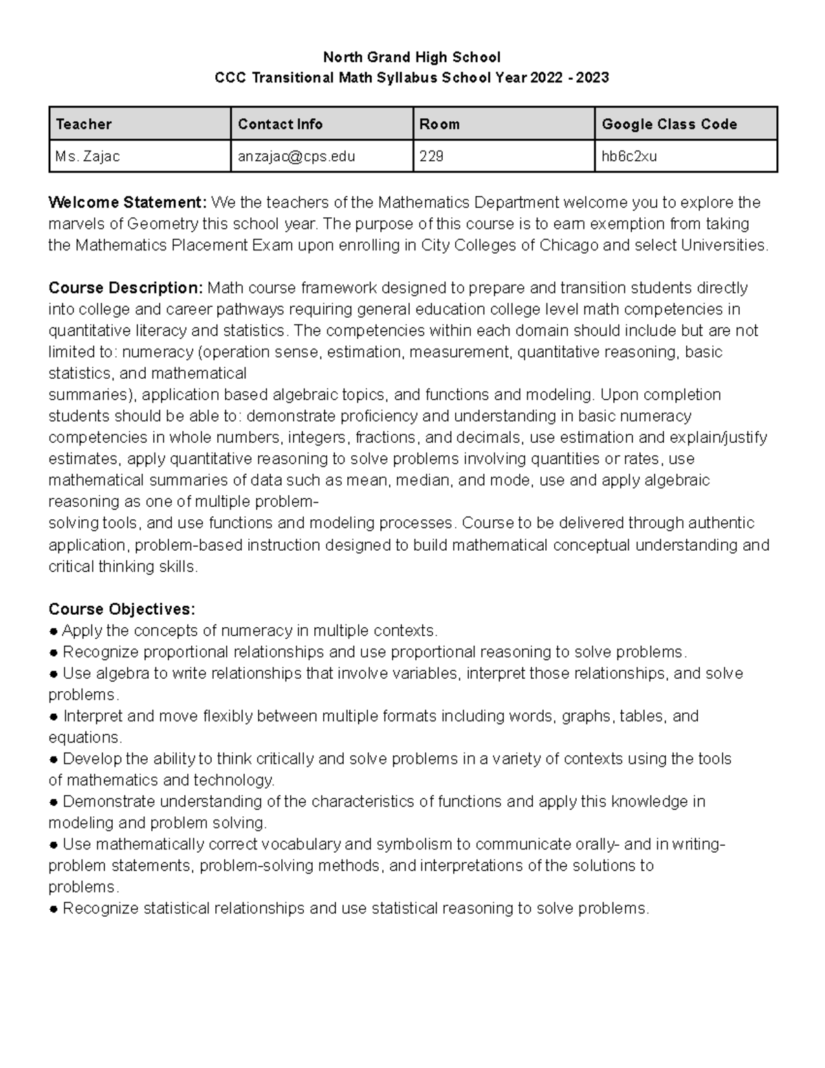 Transitional Math Syllabus (SY 22-23) at North Grand High School - Studocu