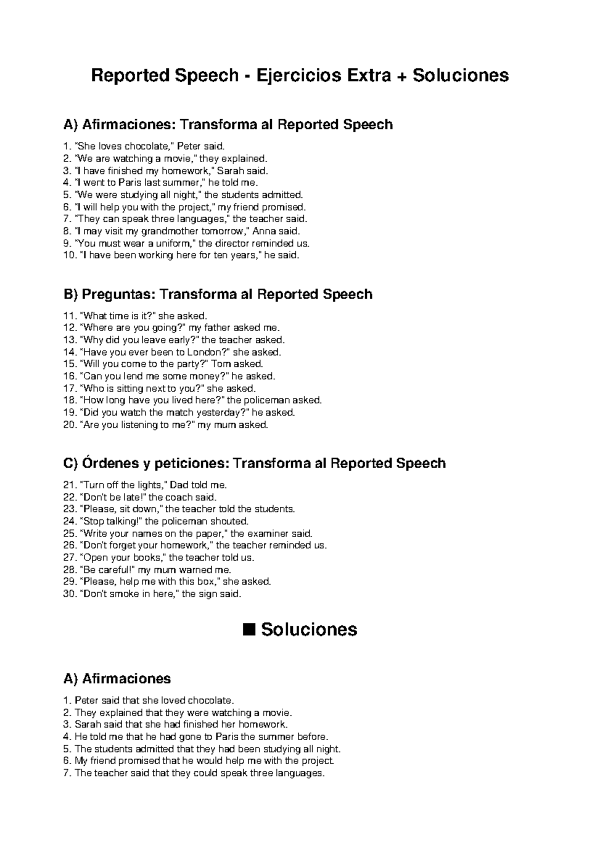 Reported Speech 4ESO Extra Ejercicios y Soluciones - Studocu