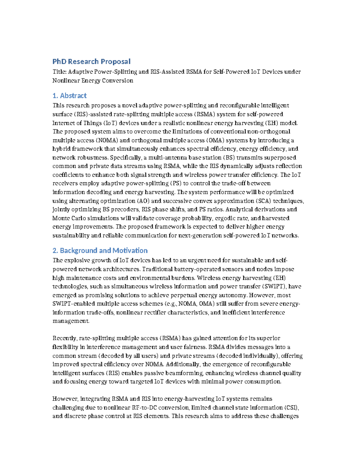 PhD Proposal: Adaptive RSMA & RIS for IoT Devices with Nonlinear EH ...