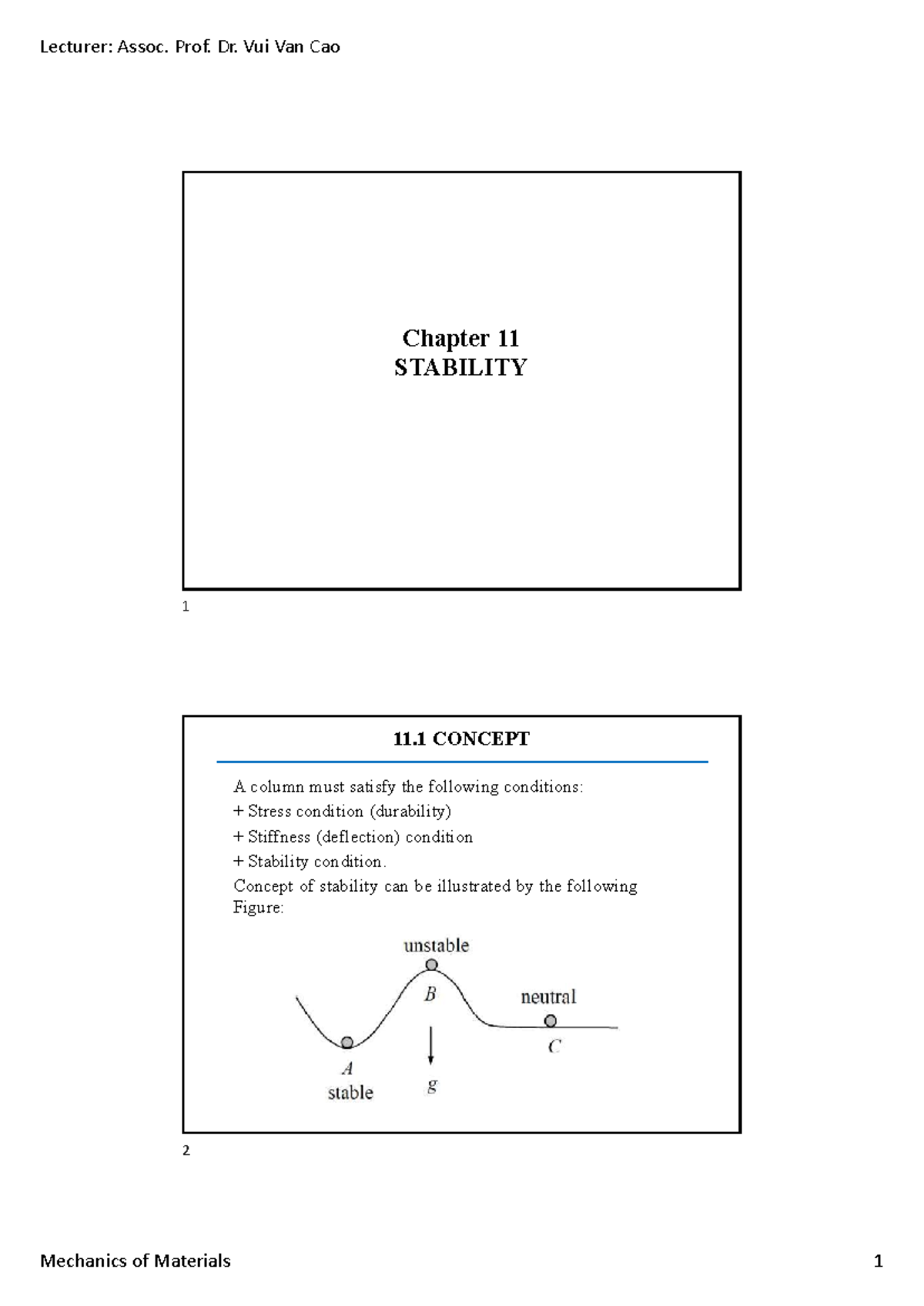 Chapter 11: Stability in Mechanics of Materials (Course Code: ME 101 ...