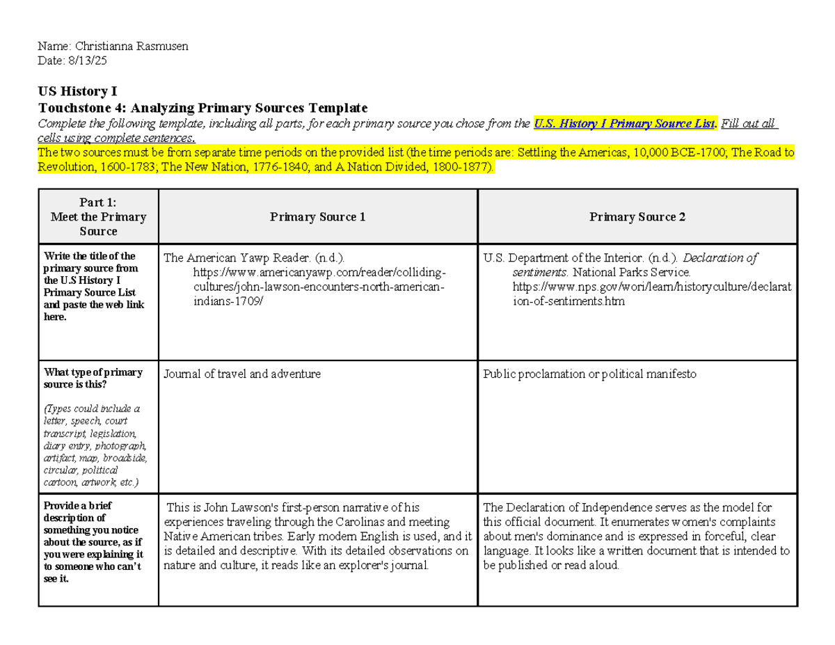 US History I Touchstone 4: Analyzing Primary Sources Template - Studocu