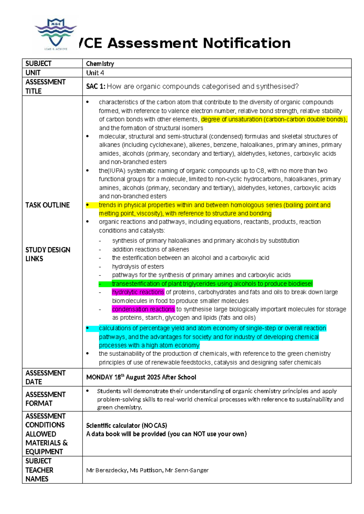 Chemistry Unit 4 SAC 1: Organic Reaction Pathways Overview 2025 - Studocu