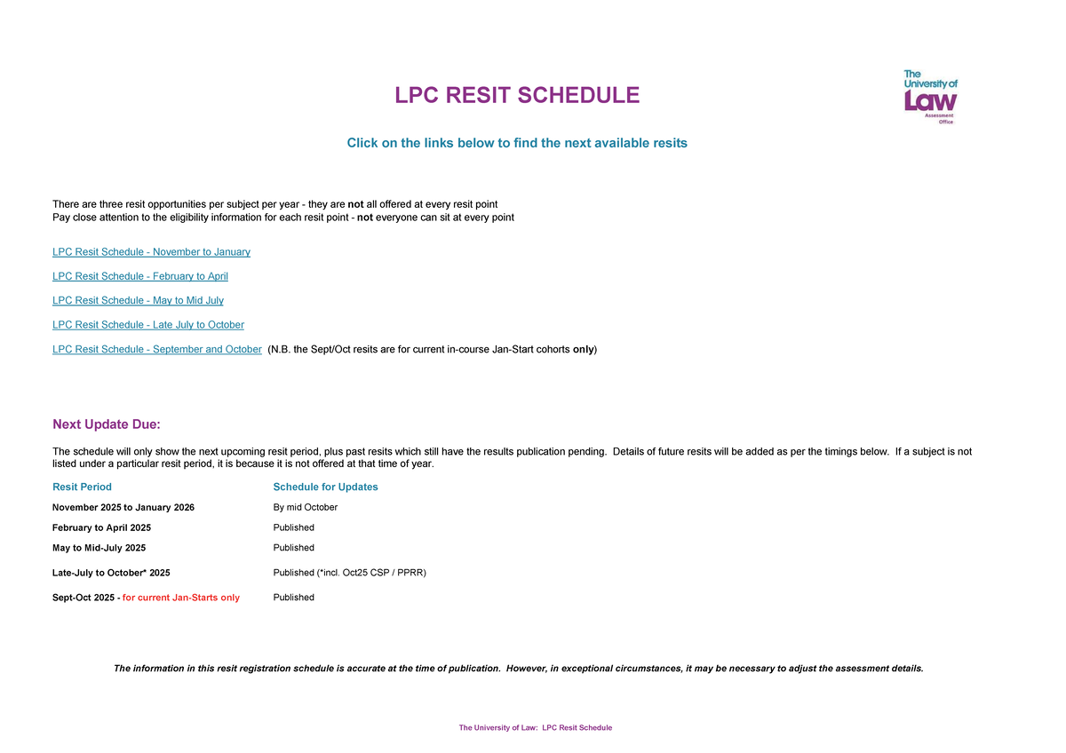 LPC Resit Schedule 2025: Important Dates and Eligibility - Studocu