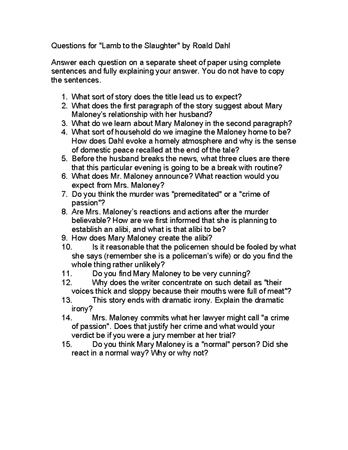 Questions for Roald Dahl's "Lamb to the Slaughter" - Analysis Guide ...